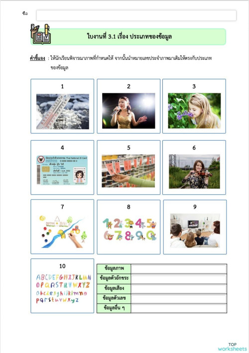 ป5 ใบงานที่ 3.1 เรื่อง ประเภทของข้อมูล ใบงานเชิงโต้ตอบ | TopWorksheets