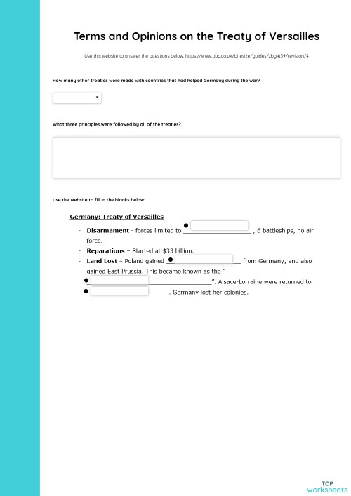 Terms and Opinions on the Treaty of Versailles. Interactive worksheet ...