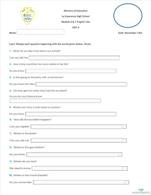 MODULE 6 & 7 TEST - 10TH GRADE. Interactive worksheet | TopWorksheets