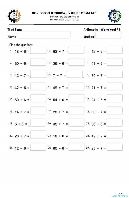 Worksheet 3: Division by 6 or 7. Interactive worksheet | TopWorksheets