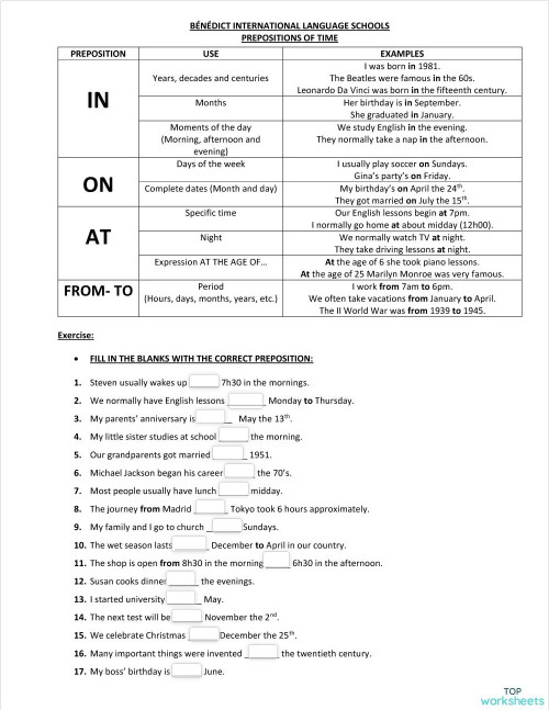 Prepositions of time.. Interactive worksheet | TopWorksheets
