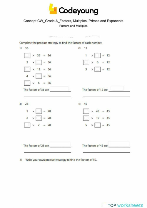 Factors and Multiples Concept CW. Interactive worksheet | TopWorksheets