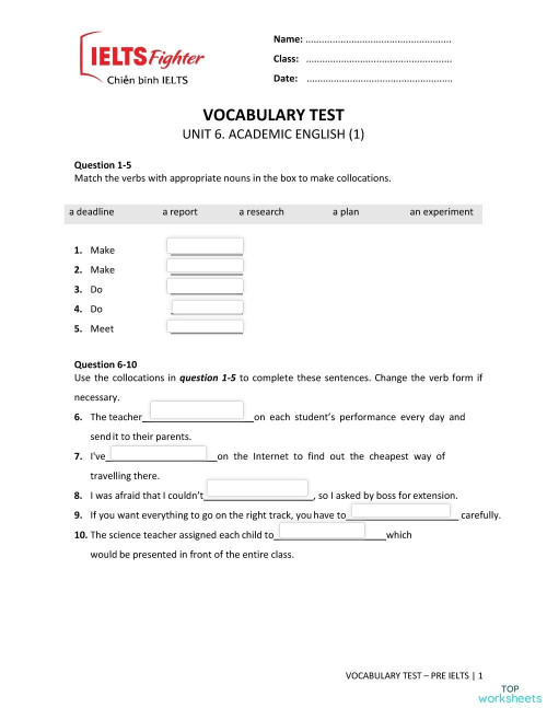 VOCAB TEST 14. UNIT 6. ACADEMIC ENGLISH (1). Interactive worksheet ...