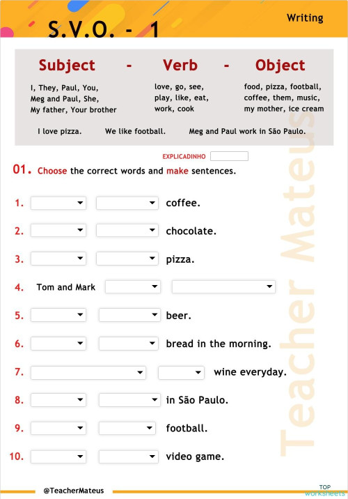 S. V. O. - 1 - Writing. Interactive worksheet | TopWorksheets