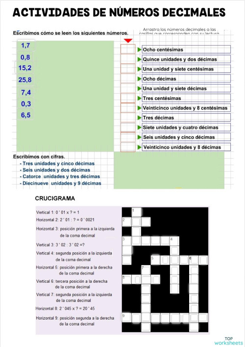 Números decimales: fichas interactivas y ejercicios online | TopWorksheets