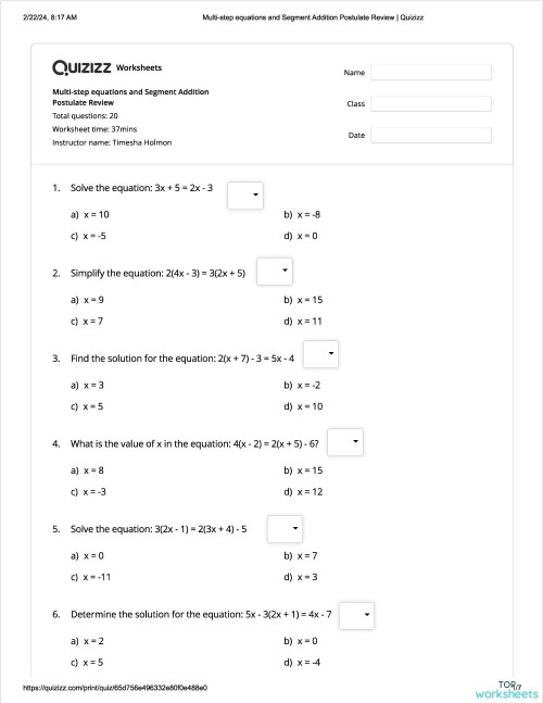 Multi-step equations and Segment Addition Postulate Review. Interactive worksheet | TopWorksheets