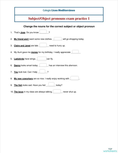 Subject object pronouns exam practice 2. Interactive worksheet ...