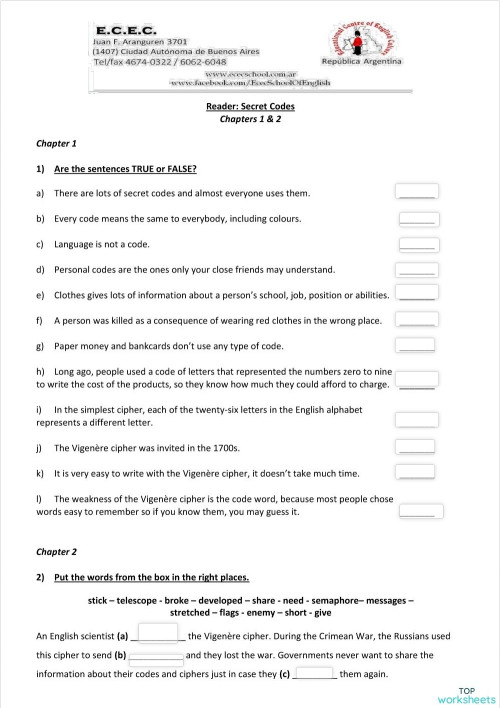 HW 4/11 - SECRET CODES (Chapters 1-2). Interactive worksheet ...
