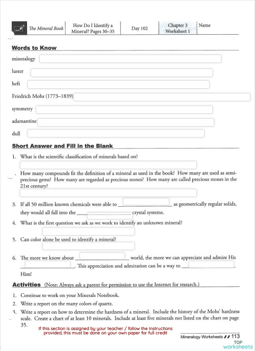 Chapter 3: Pg 113 How Do I Identify a Mineral Worksheet 1. Interactive ...