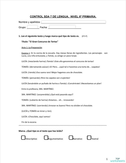 CONTROL LENGUA TEMA 7. 6º PRIMARIA. Ficha interactiva | TopWorksheets