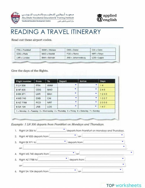 Reading a travel itinerary. Interactive worksheet | TopWorksheets