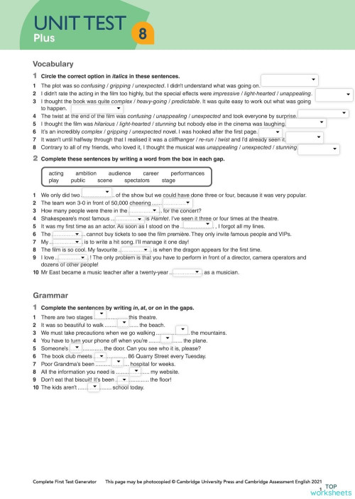 Complete First unit 8 test. Interactive worksheet | TopWorksheets