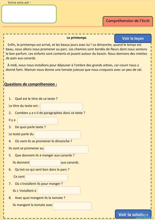 Compréhension de l'écrit 6. Fiche interactive | TopWorksheets