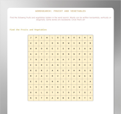 WORDSEARCH: FRUIST AND VEGETABLES. Interactive worksheet | TopWorksheets