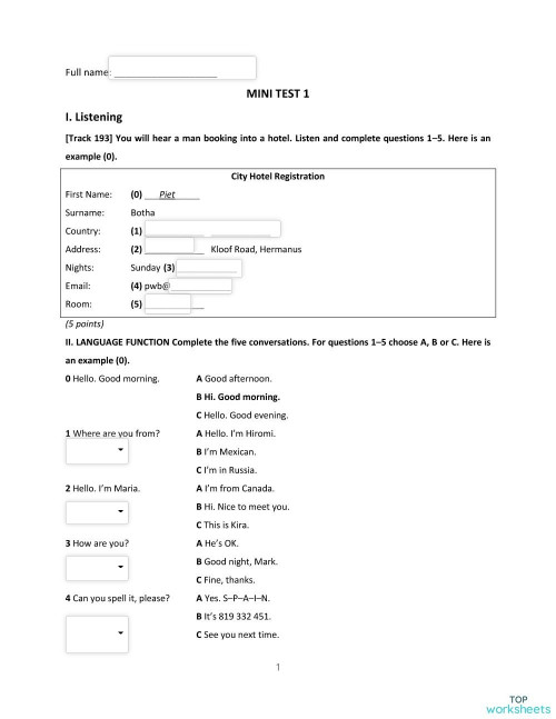 MINI TEST 1. Interactive worksheet | TopWorksheets