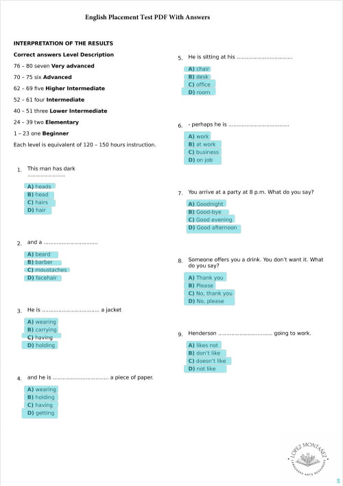 placement test. Interactive worksheet | TopWorksheets