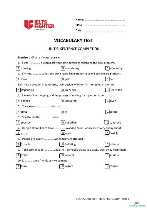 VOCAB TEST 5. Interactive worksheet | TopWorksheets