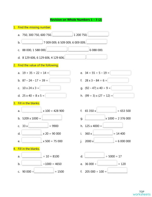 Revision Whole Numbers (pt.2). Interactive worksheet | TopWorksheets