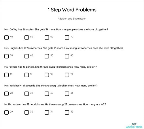 1 Step Word Problems. Interactive worksheet | TopWorksheets