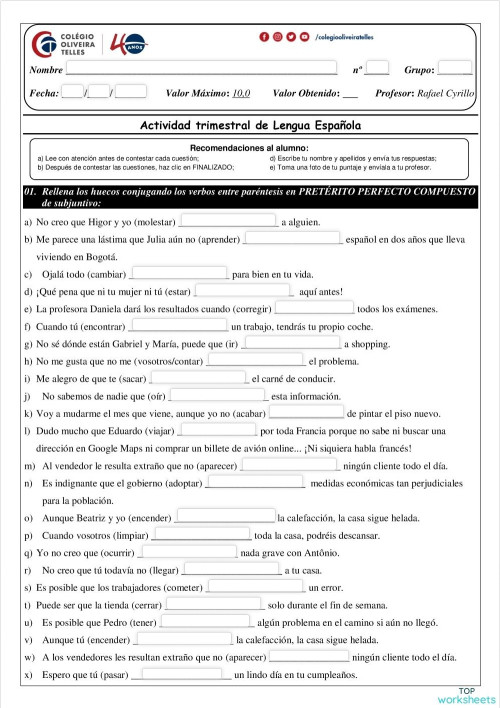 Pretérito Perfecto. Ficha interactiva | TopWorksheets