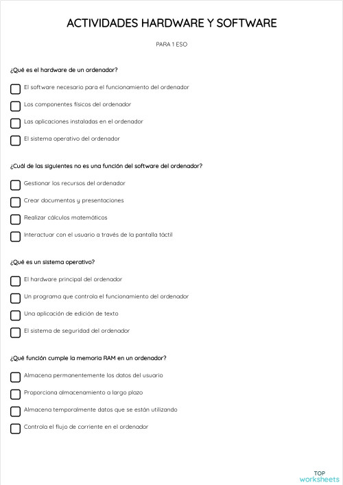ACTIVIDADES HARDWARE Y SOFTWARE. Ficha interactiva | TopWorksheets