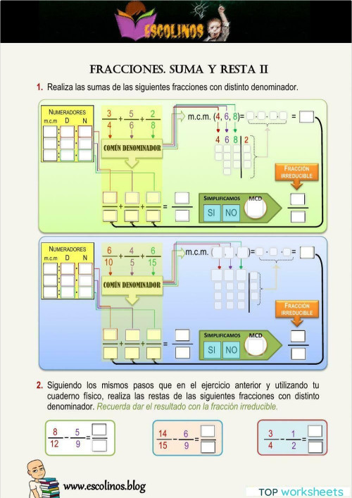 Fracciones. Suma y resta III. Ficha interactiva | TopWorksheets