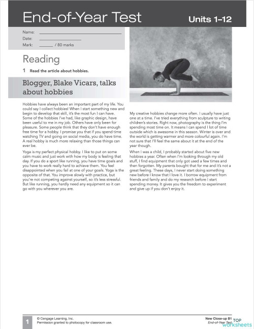 Close-Up B1 End of Year Test Reading. Interactive worksheet | TopWorksheets