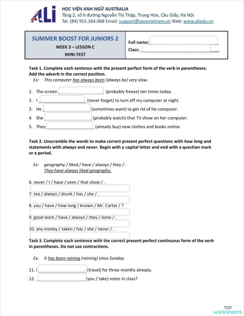 SBJ_W3_Lesson C_Mini test. Interactive worksheet | TopWorksheets