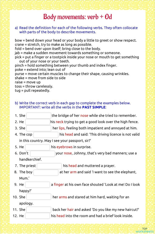 Body movements: verb + Od. Interactive worksheet | TopWorksheets