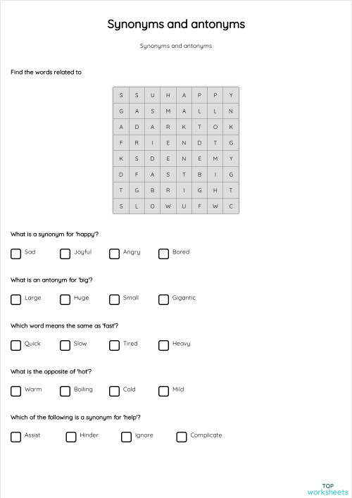 Synonyms and antonyms. Interactive worksheet | TopWorksheets