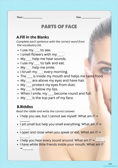 Parts of face Fill in the blanks/Riddles. Interactive worksheet ...