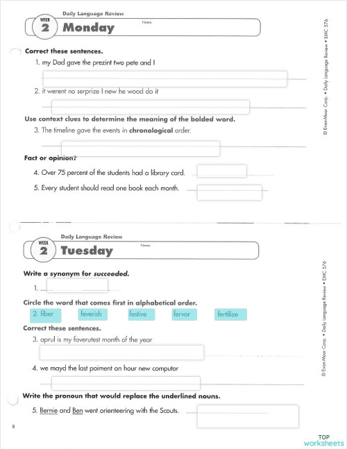 DOL week 2 monday and tuesday. Interactive worksheet | TopWorksheets