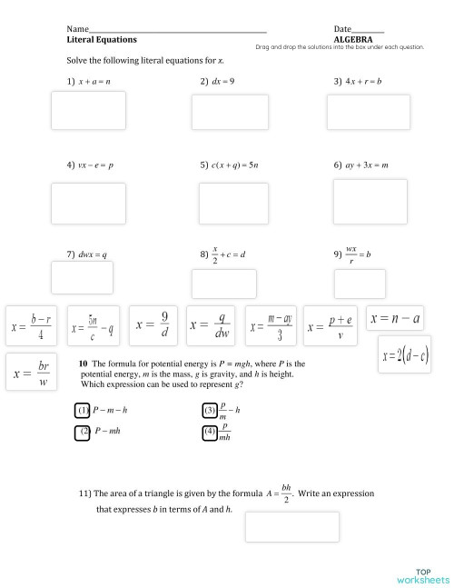 Literal Equations. Interactive worksheet | TopWorksheets