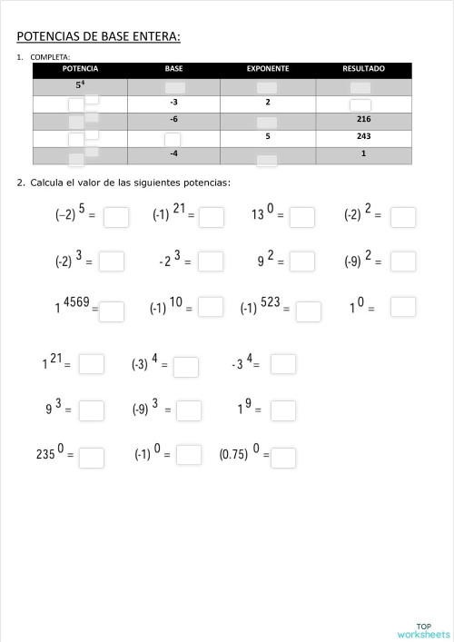 Actividades potencias - 1ESO Matemáticas. Ficha interactiva | TopWorksheets