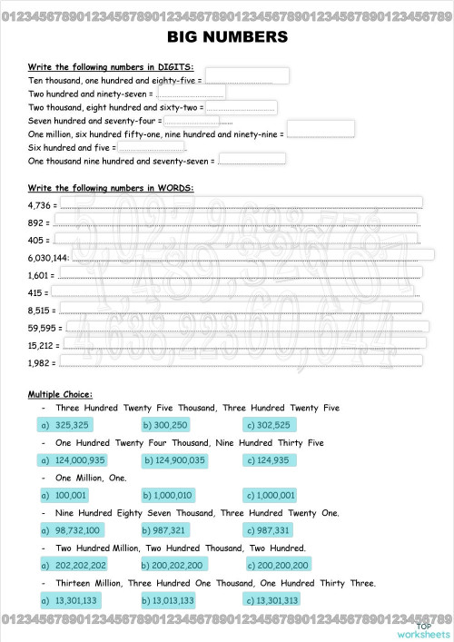 High numbers. Interactive worksheet | TopWorksheets