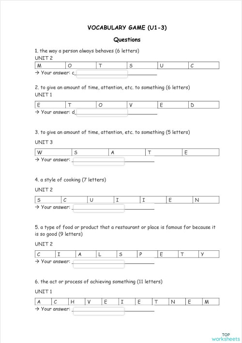 Vocabulary U123 English12 Interactive Worksheet Topworksheets