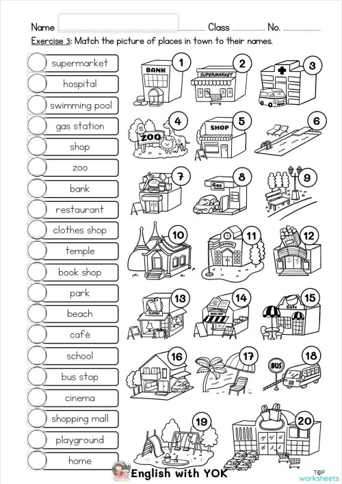 Places number Vocabs ใบงานเชิงโต้ตอบ | TopWorksheets