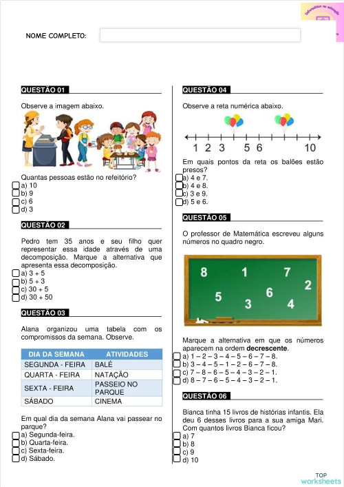 Simulado Matemática 2º ano. Ficha interativa | TopWorksheets