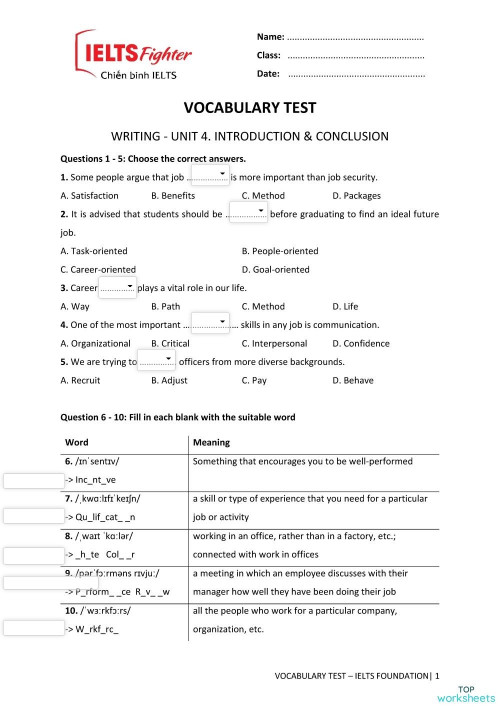 F_VOCAB TEST 13. Interactive worksheet | TopWorksheets