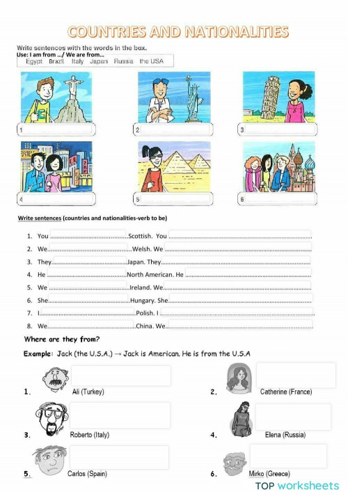 countries and nationalities for elementary. Interactive worksheet ...