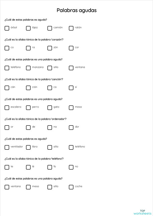 Palabras agudas. Ficha interactiva | TopWorksheets