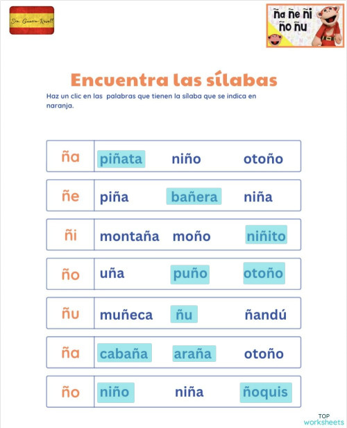 Las sílabas con la letra ñ - B. Ficha interactiva | TopWorksheets