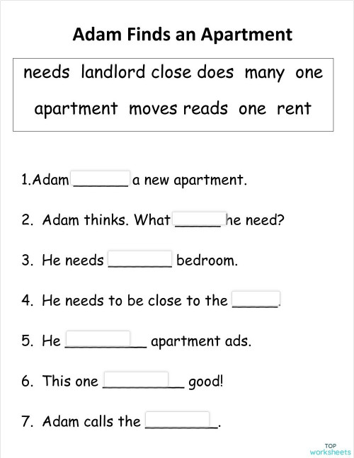 Adam Finds an Apartment. Interactive worksheet | TopWorksheets