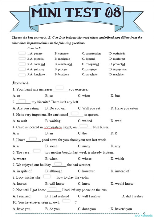 MINI TEST 08. Interactive worksheet | TopWorksheets