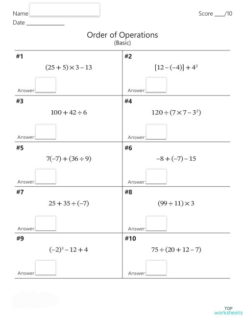 order of operations (basic) ม.1 ใบงานเชิงโต้ตอบ | TopWorksheets