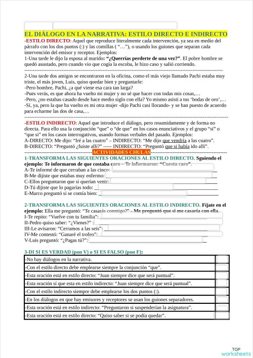 ESTILO DIRECTO E INDIRECTO: fichas interactivas y ejercicios online | TopWorksheets