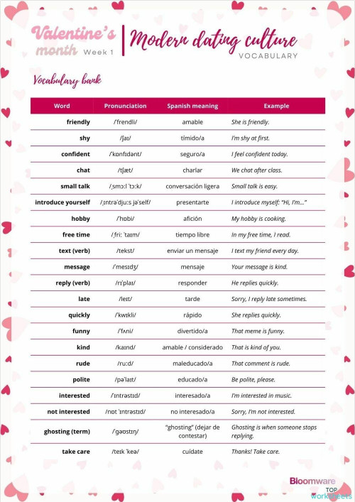 LOVE'S MONTH_W1_VOCABULARY. Ficha interactiva | TopWorksheets