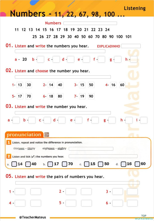 027 - NUMBERS - 04 - 11 to 101 - Listening. Interactive worksheet ...