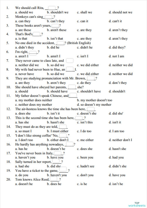 TAG QUESTIONS 02. Interactive worksheet | TopWorksheets