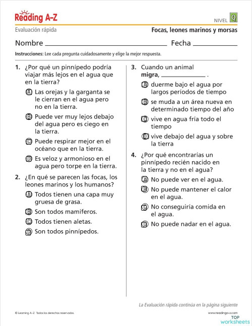 Focas, leones marinos y morsas. Ficha interactiva | TopWorksheets
